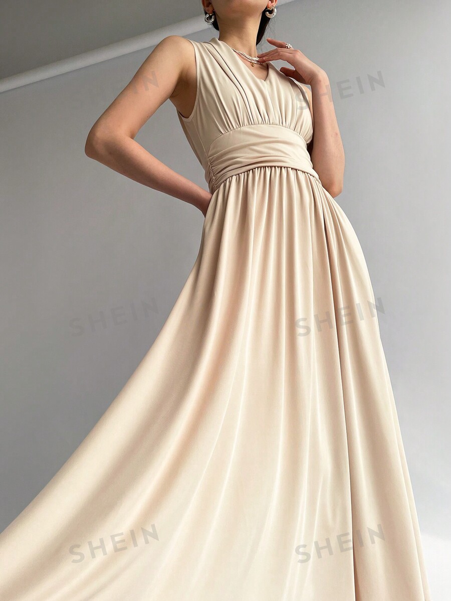 SHEIN Privé Women Elegant Long Dress With Shoulder Pleats, Waist ...