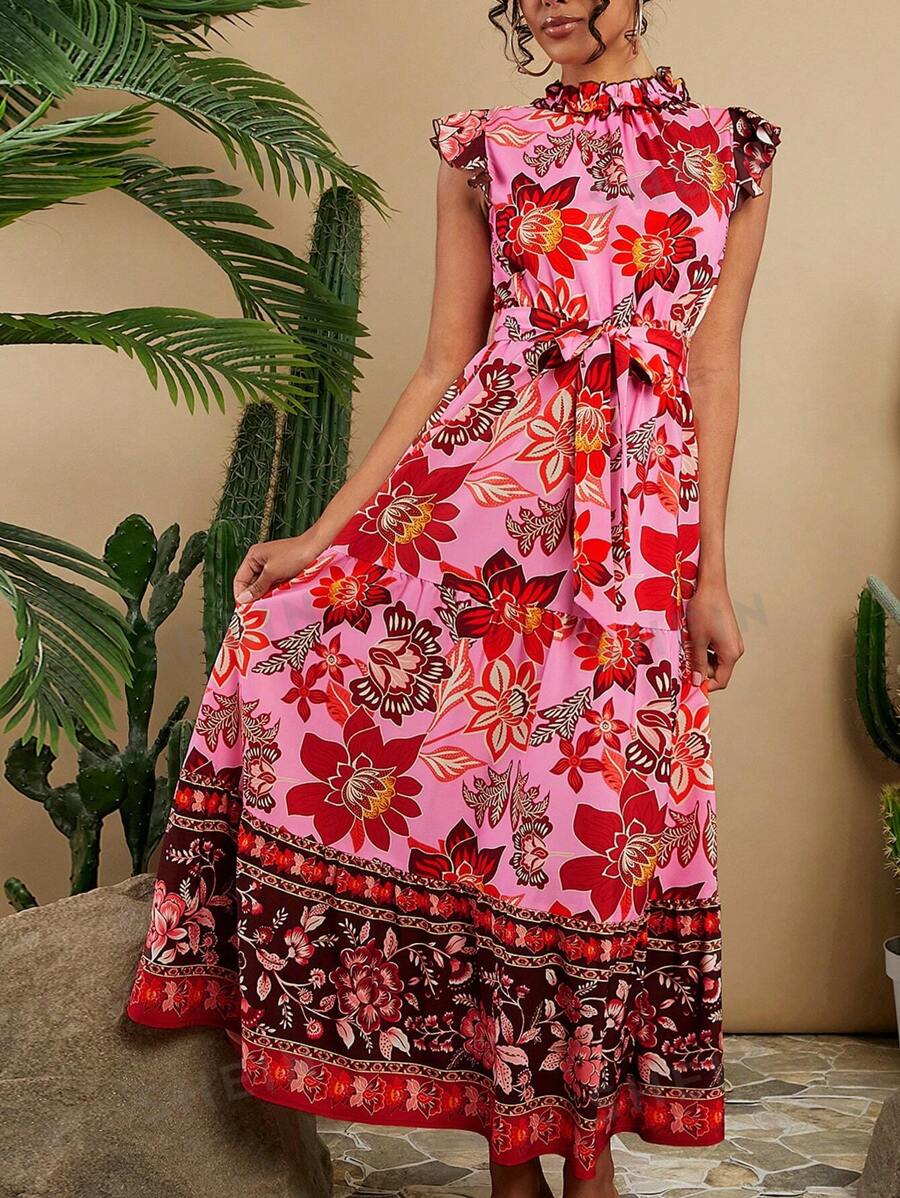 SHEIN VCAY Vestido Abaya maxi con flores rosadas y manga corta con ...