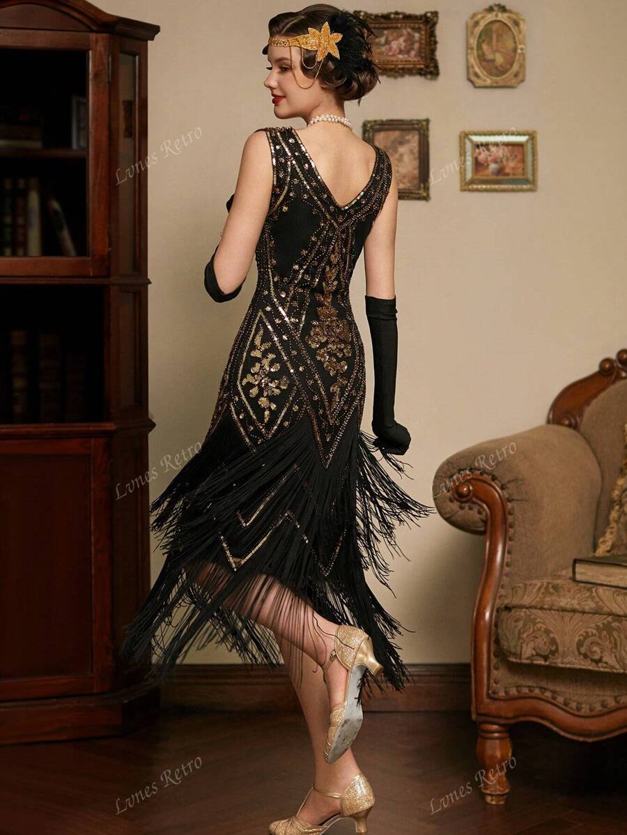 Long Fringed Gatsby Dress Women's 1920s Fringe Trim Sequin Dress ...