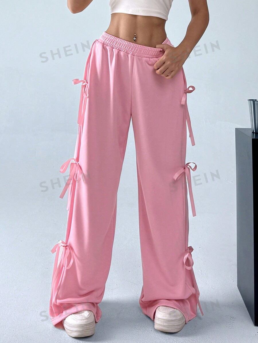 SHEIN EZwear Sweet And Lovely Pink Bow Detail Knot Tie Waist Sweatpants ...