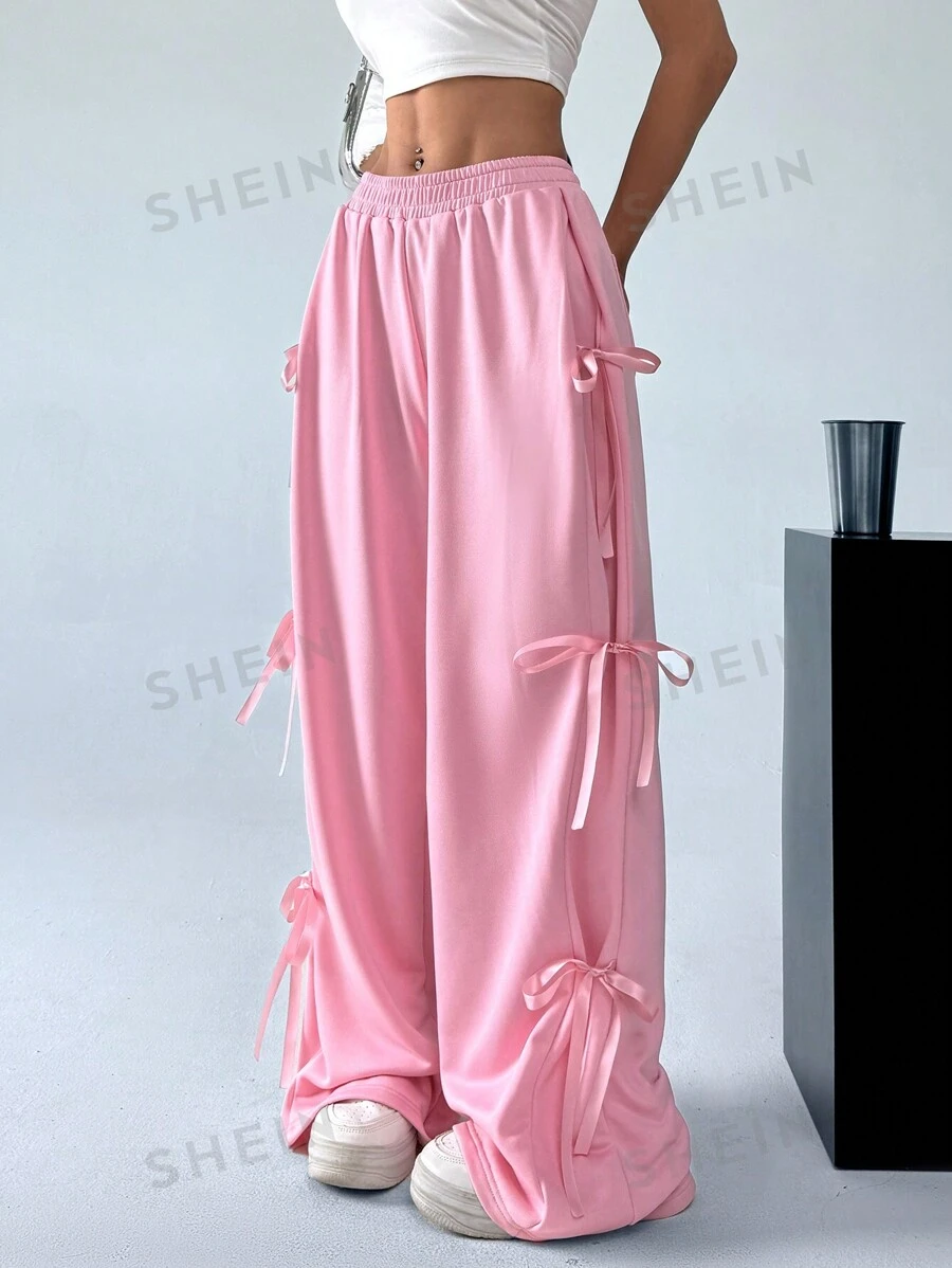 SHEIN EZwear Sweet And Lovely Pink Bow Detail Knot Tie Waist Sweatpants ...
