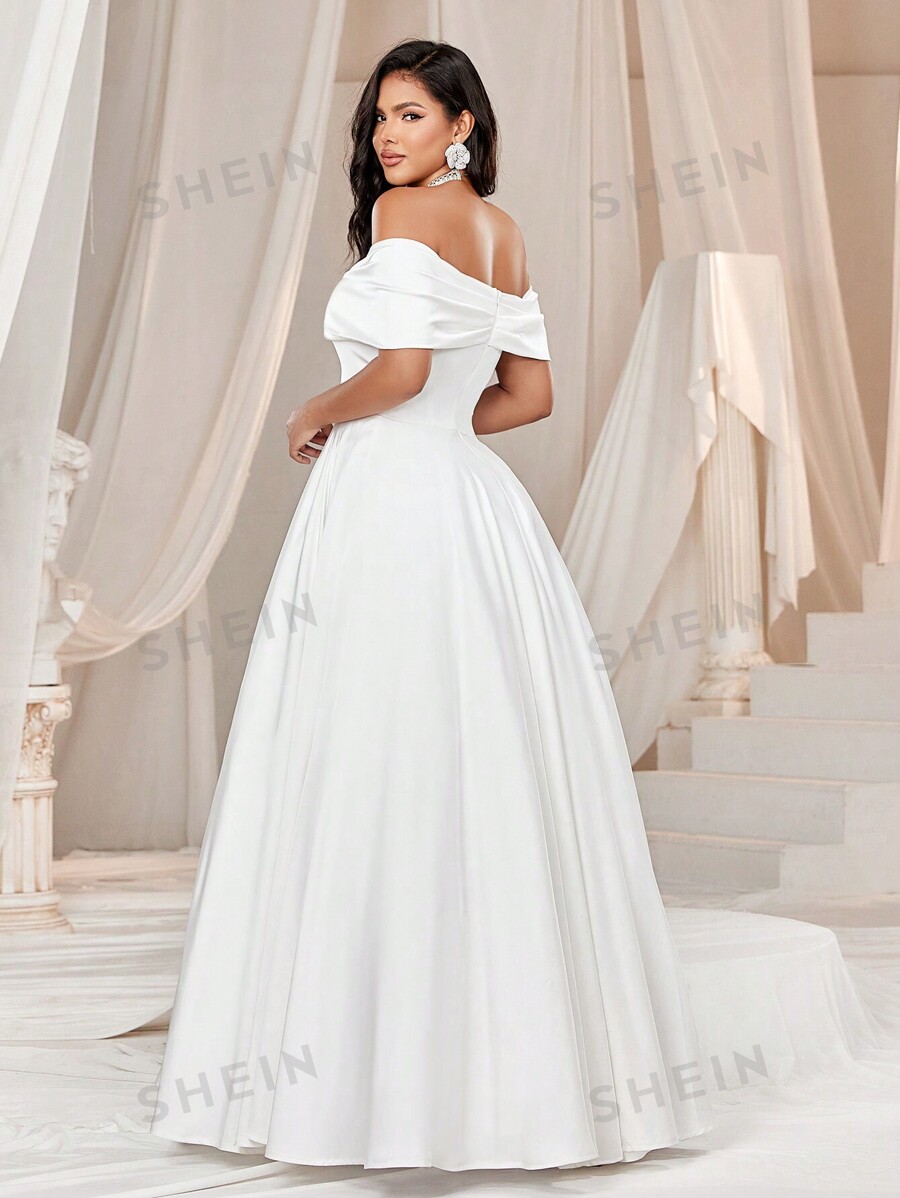 SHEIN Belle Elegant And Romantic Satin Off Shoulder Puffy Wedding Dress ...