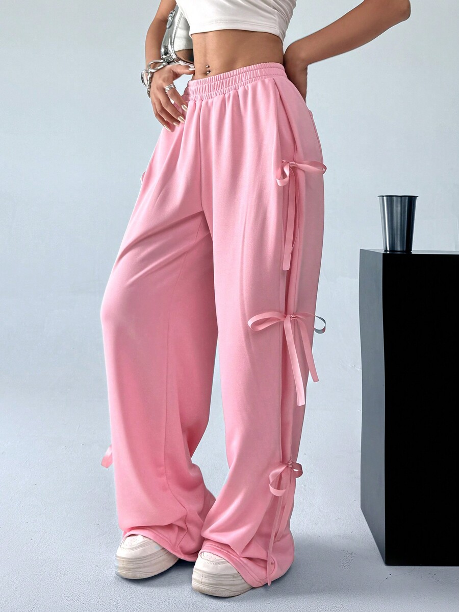 SHEIN EZwear Sweet And Lovely Pink Bow Detail Knot Tie Waist Sweatpants ...