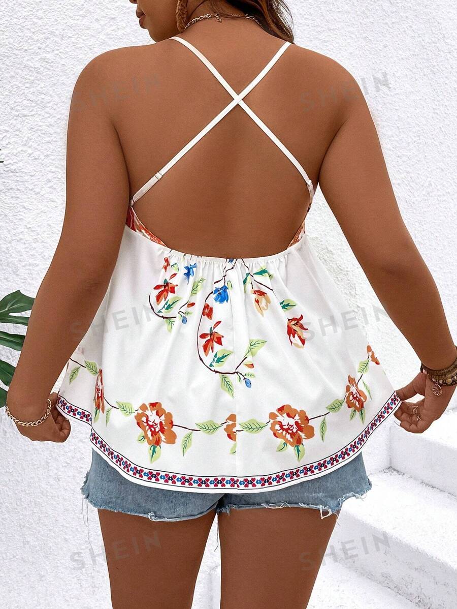 Shein Vcay Plus Size Summer Holiday Style Floral Print Crisscross