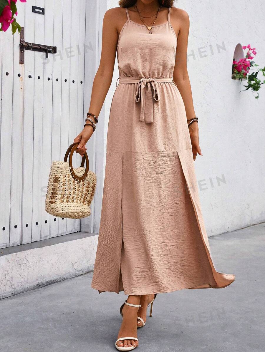 SHEIN JORESS Women Fashionable Summer Apricot Ice Silk Wrinkled Dress ...