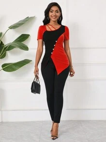 SHEIN Lady Ladies" Fashion Pearl Detailed Colorblock Short Sleeve T ...