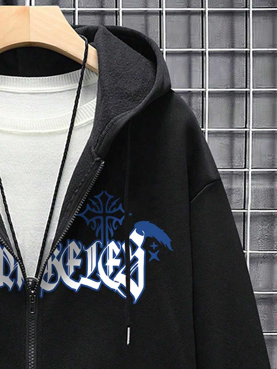 Manfinity LEGND Men Hooded Casual Sweatshirt With Loose Fit, Letter & Cross Print, Zip-Front ...