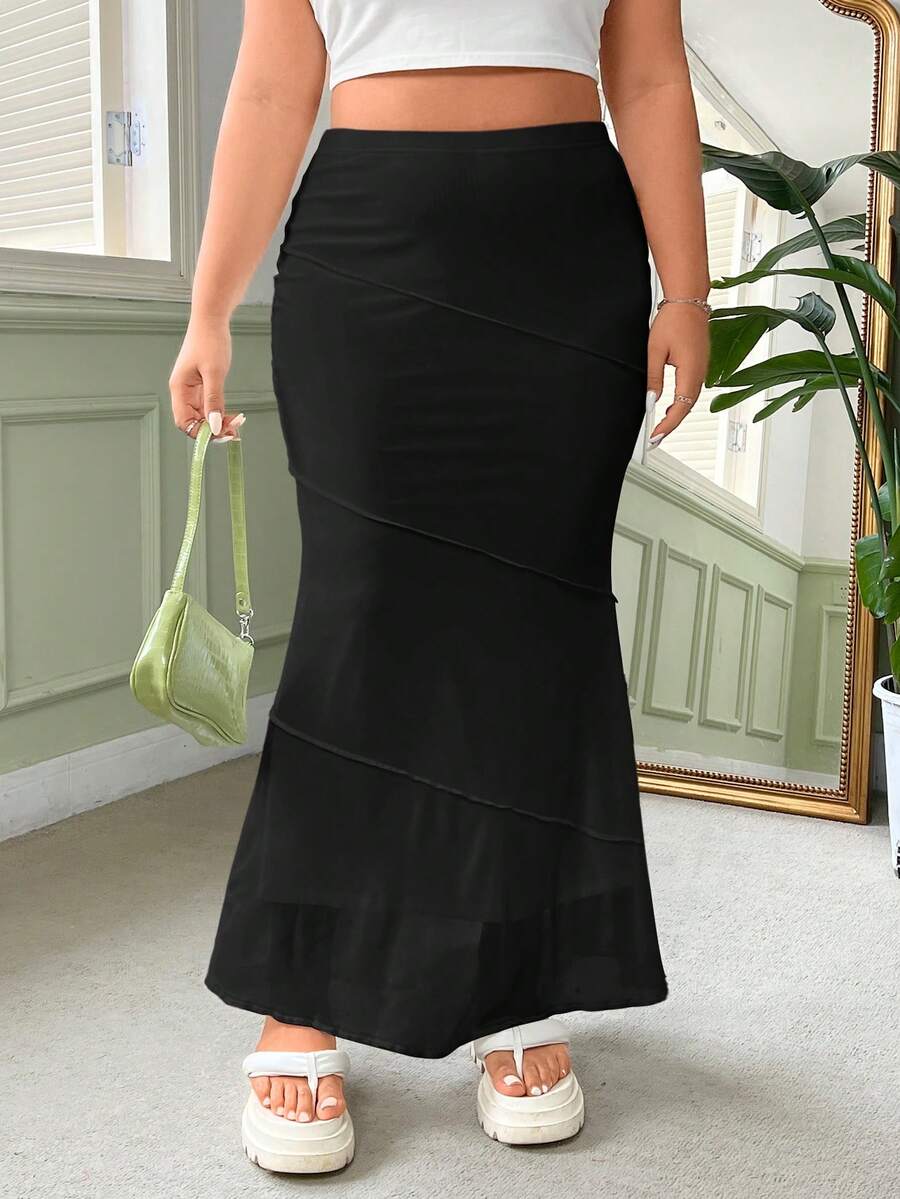 SHEIN EZwear Plus Size Slim Fit Mesh Double Layered Skirt With Elastic ...