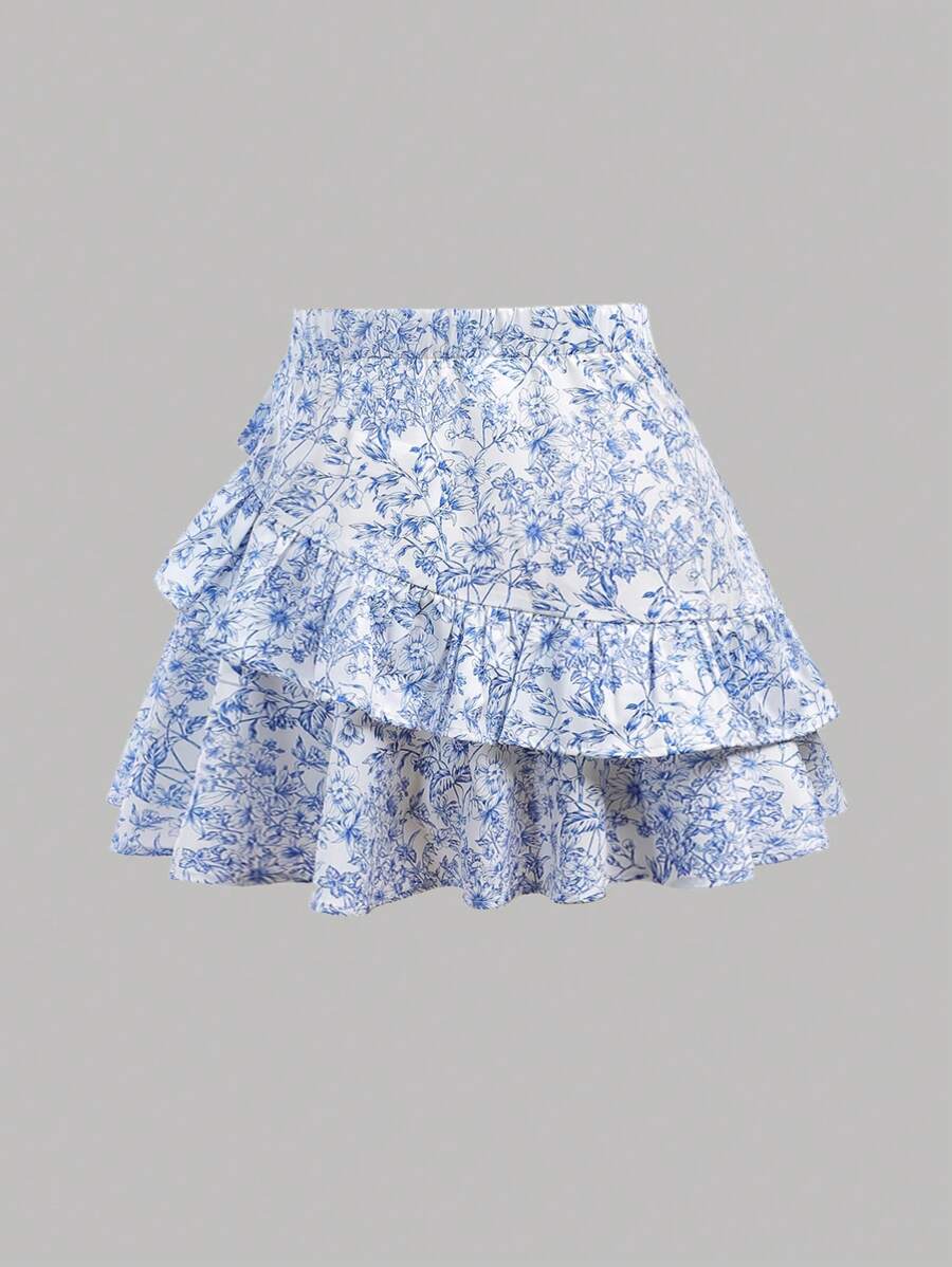 SHEIN Girlism Teen Girl Blue & White Porcelain Printed Patchwork Skirt ...