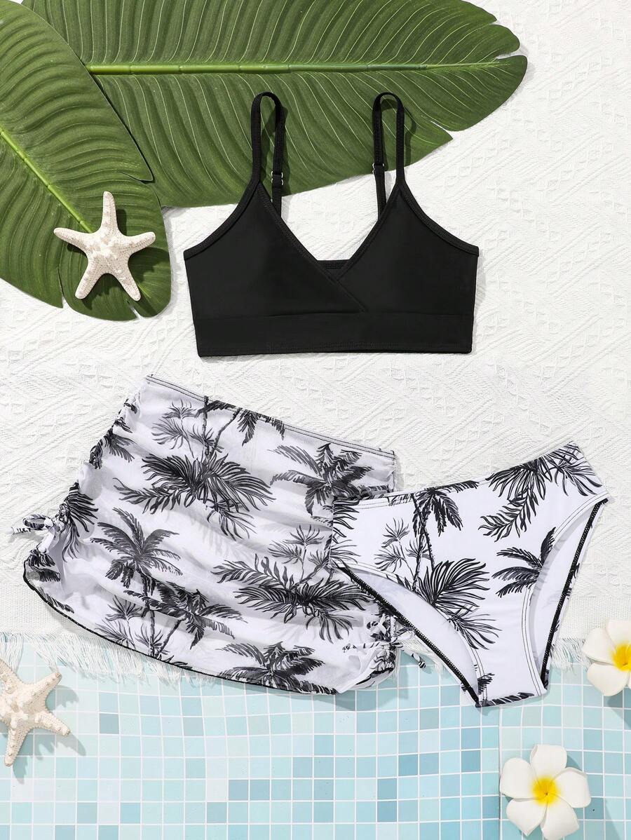 Tween Girl Solid Color Bikini Set Top + Full-Print Triangle Bikini Set ...