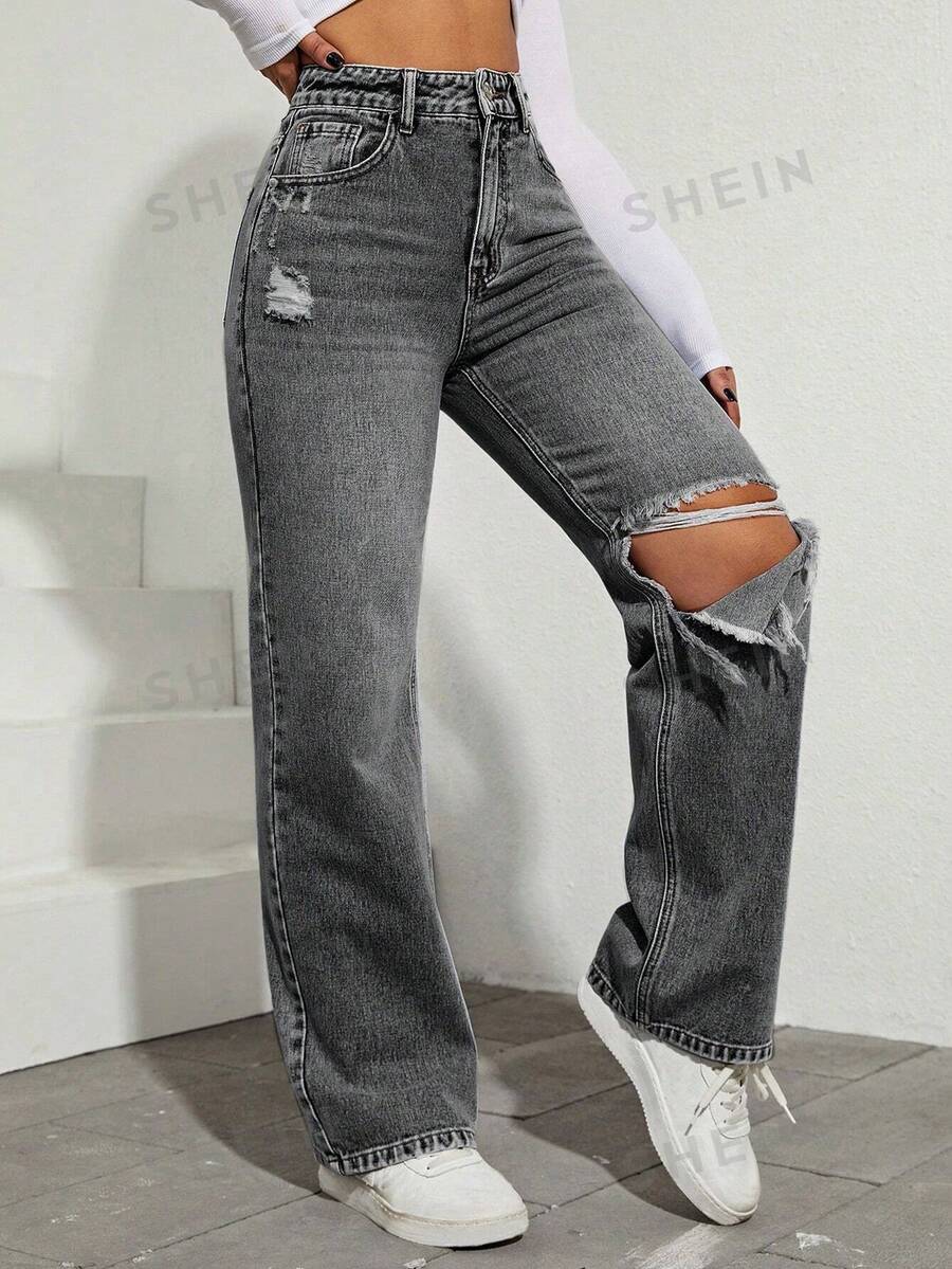 SHEIN Ripped Straight Leg Jeans | SHEIN UK