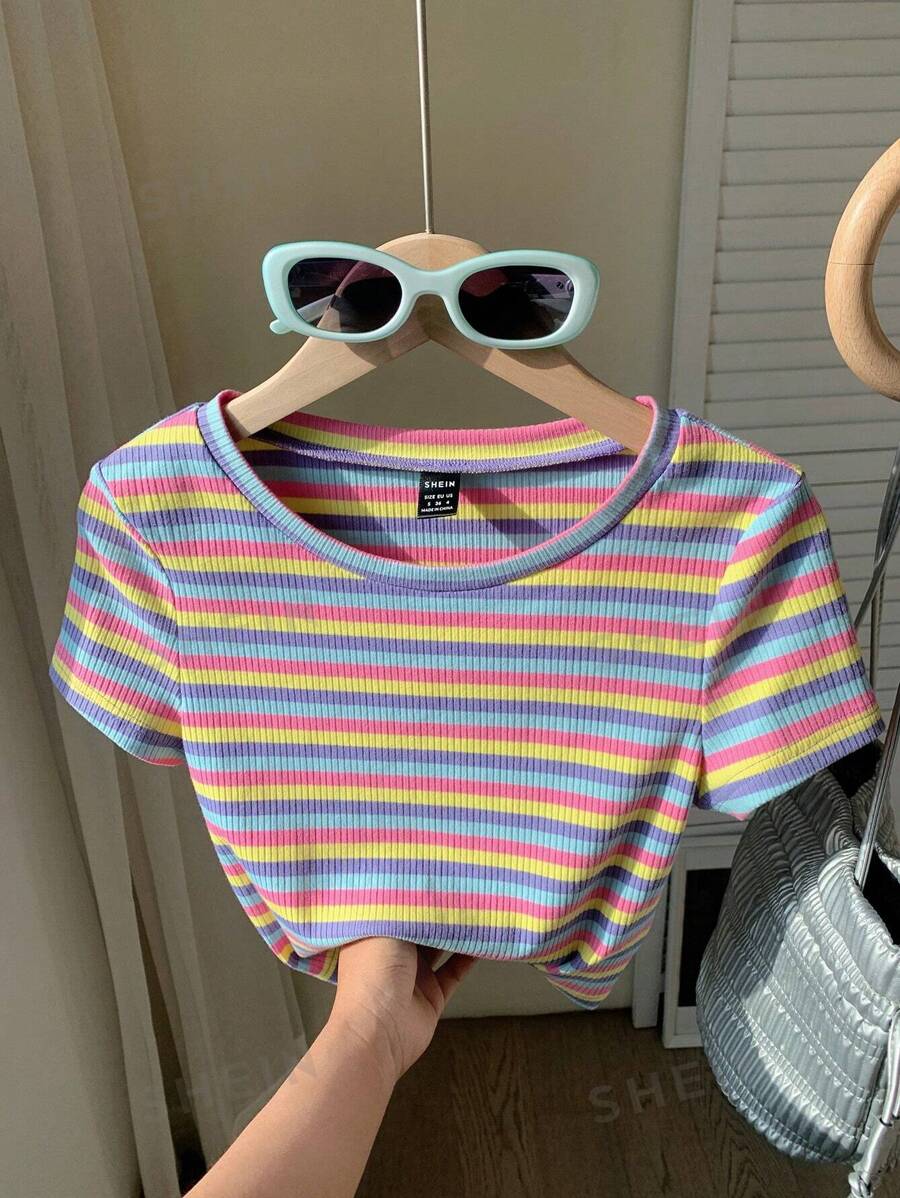 SHEIN EZwear Colorful Striped Knit Slim-Fit Women\ T-Shirt | SHEIN USA
