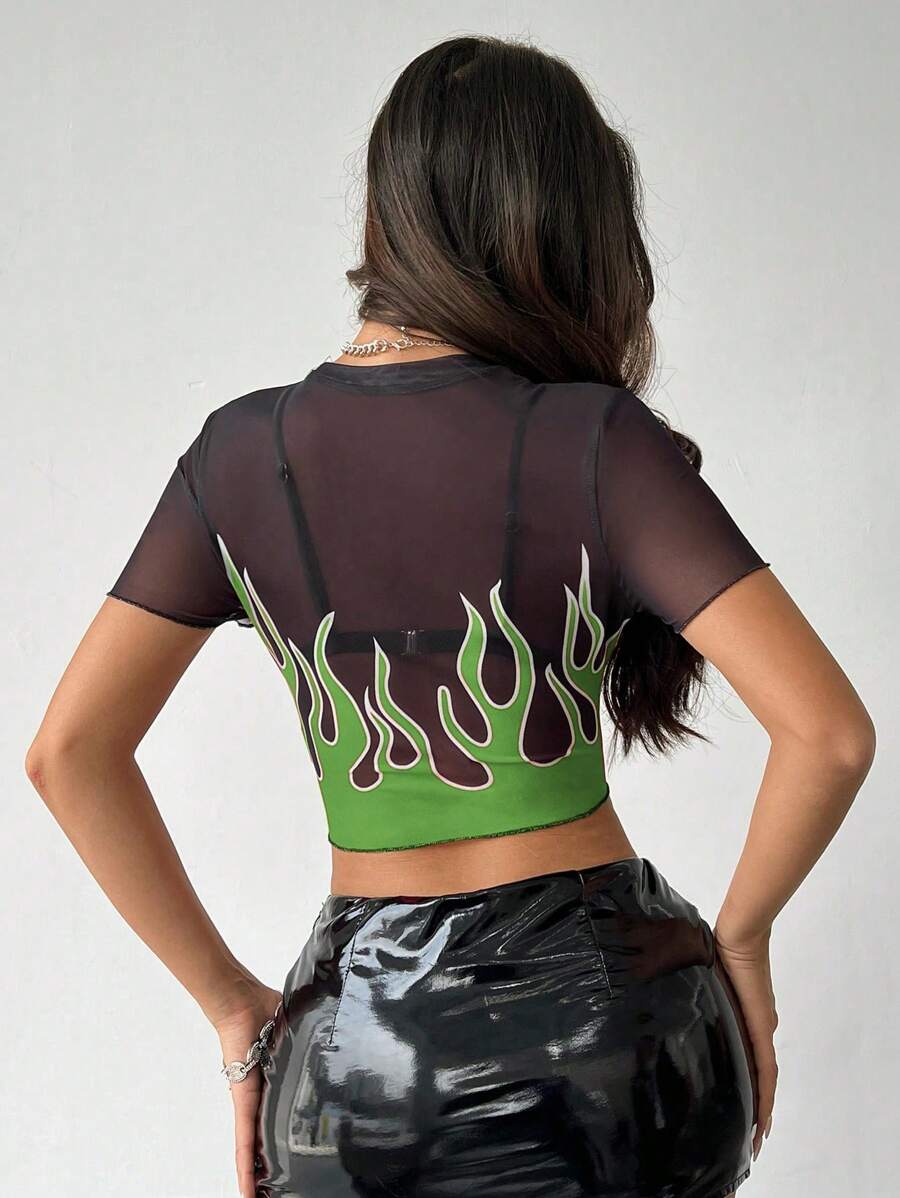 SHEIN Unity Summer Color-Block Flame Printed Sheer Mesh Crop Top ...