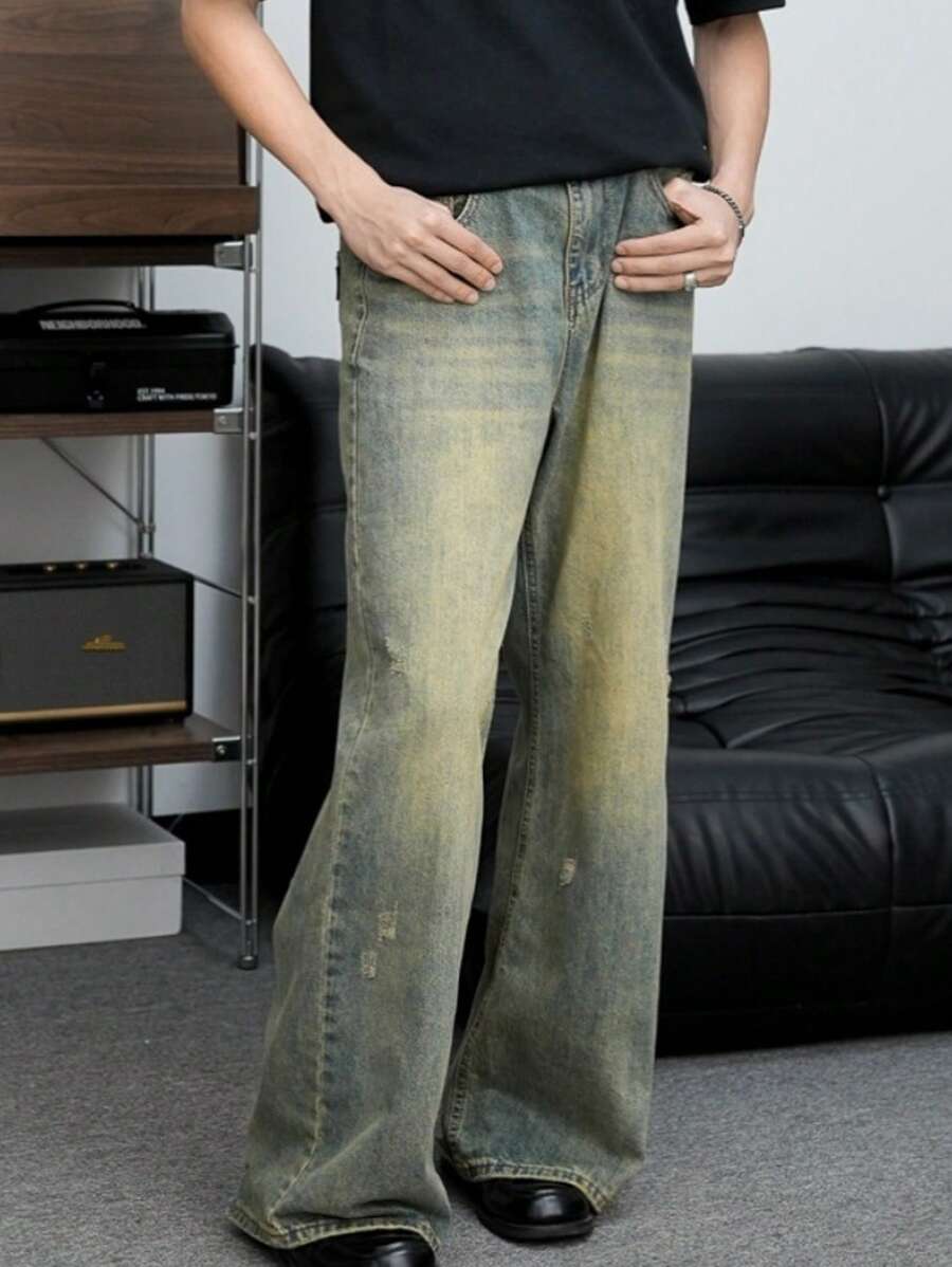 Manfinity Joysei Men's Distressed Flared Jeans Baggy Long Acid Wash ...