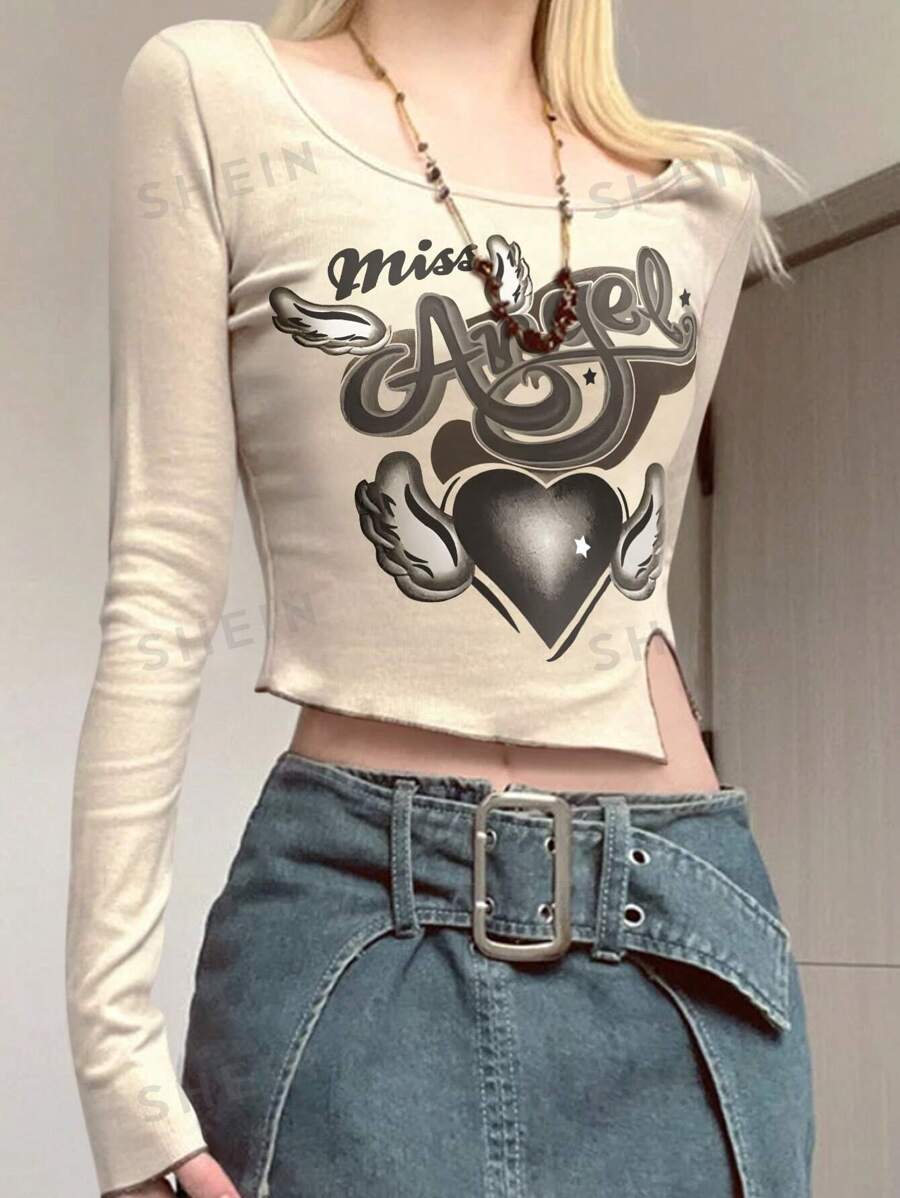 SHEIN EZwear 女性用春夏シーズンのレター&ハートプリント長袖カジュアルTシャツ、サイドスリットヘム付き | SHEIN JAPAN