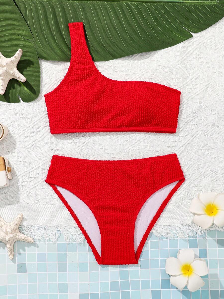 SHEIN Conjunto De Bikini Con Escote Asimétrico De Color Liso Para Niña ...