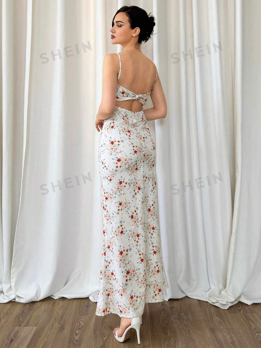 SHEIN Aloruh Elegant Vacation Dress With Pleated Bust, Low-Cut Neckline ...