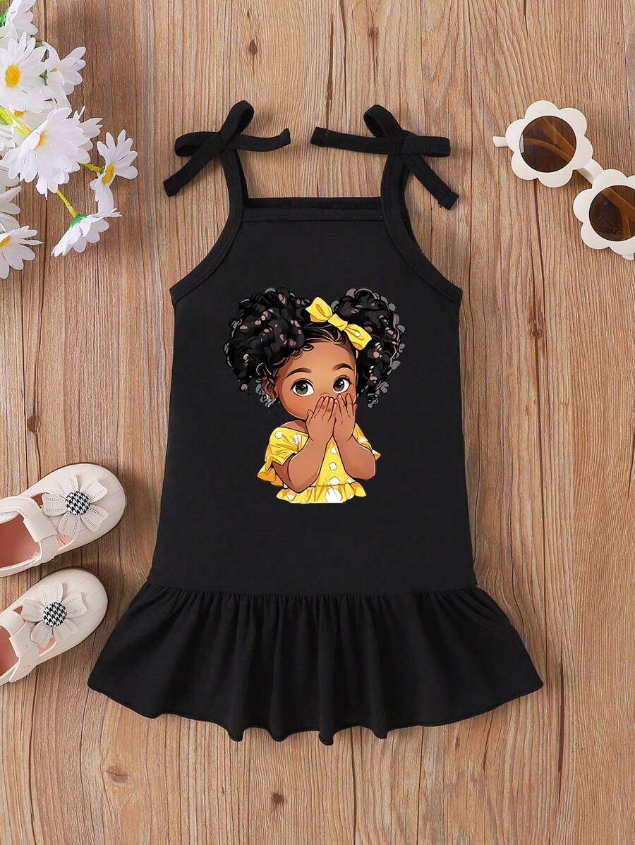 SHEIN Baby Girl Cute Cartoon Curly Hair Girl Pattern Printed Spaghetti ...