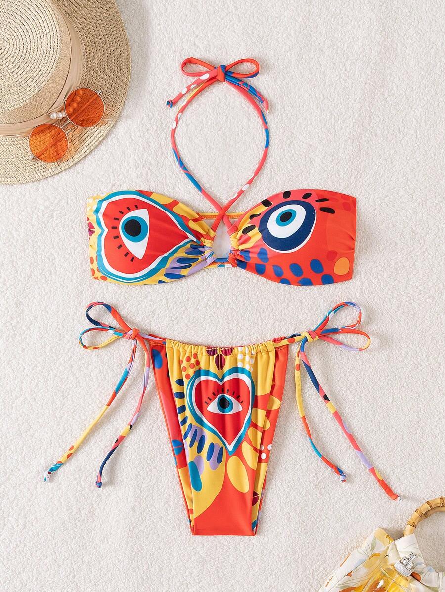 SHEIN Swim Event Halter Evil Eye Print Backless bikiniset voor dames ...