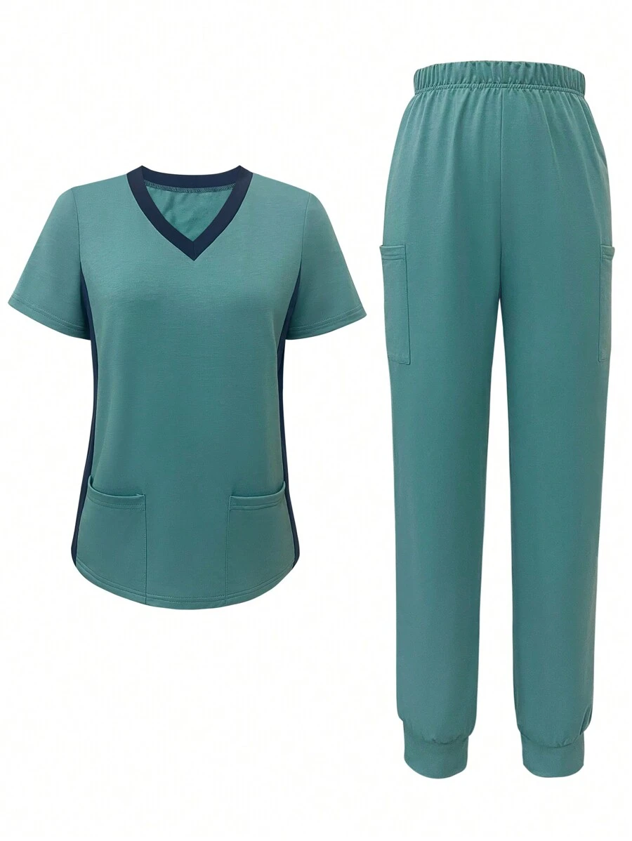 Short Sleeve V-Neck Colorblock Pocket And Edge Binding Top And Long ...