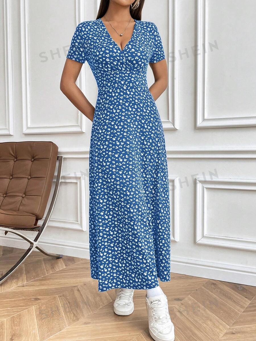 SHEIN EZwear Vestido de verano largo casual de manga corta con cuello ...