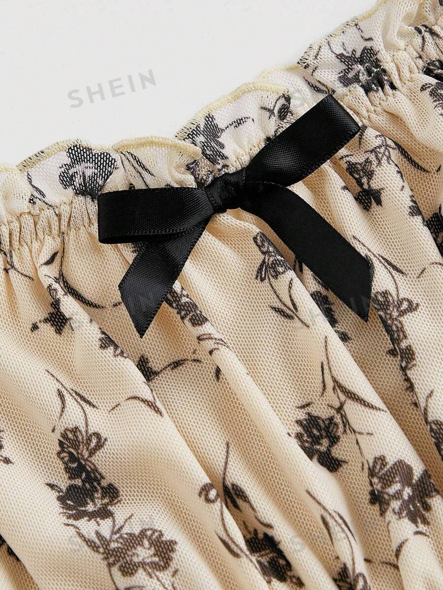 SHEIN MOD Black And Apricot Flower Print Summer Holiday Bow Detail ...