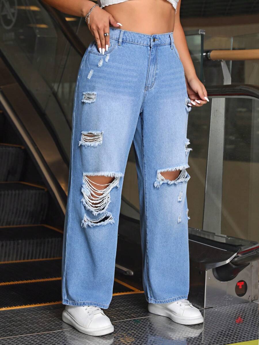 Shein Ezwear Plus Size Ripped Straight Leg Jeans For Sale Australia