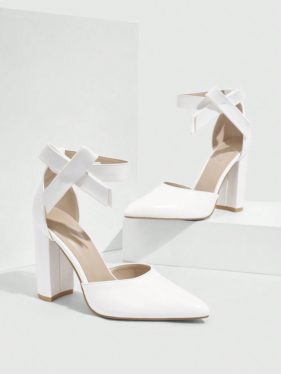 CUCCOO CHICEST Chunky Heel Pointed Toe Ankle Strap Bow Shoes ...