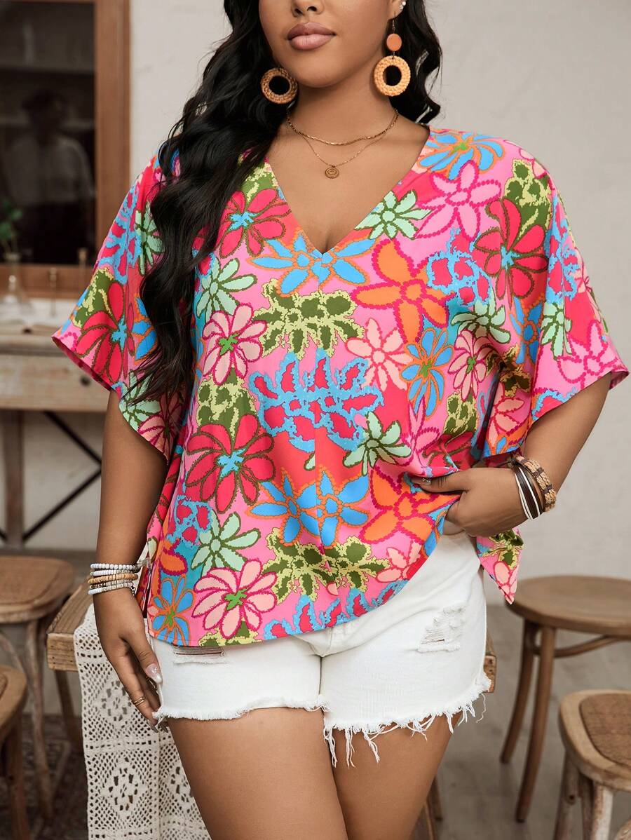 Luneh Camisa floja casual de talla grande con estampado floral y cuello ...