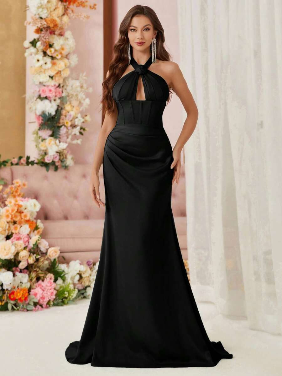 SHEIN Belle Decorative 3D Flower, Sexy Front And Middle Cut Out, Halter, Mermaid Dress Lady ...