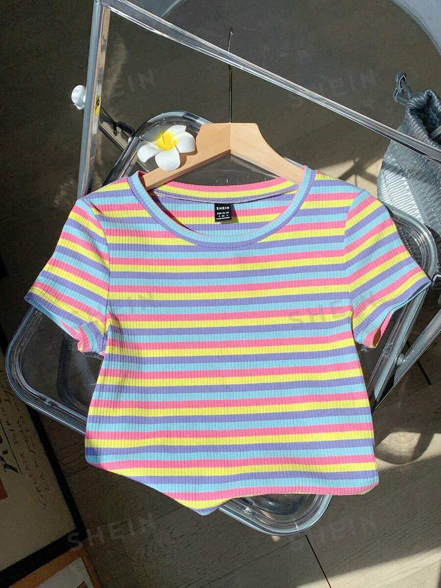 SHEIN EZwear Colorful Striped Knit Slim-Fit Women\ T-Shirt | SHEIN USA