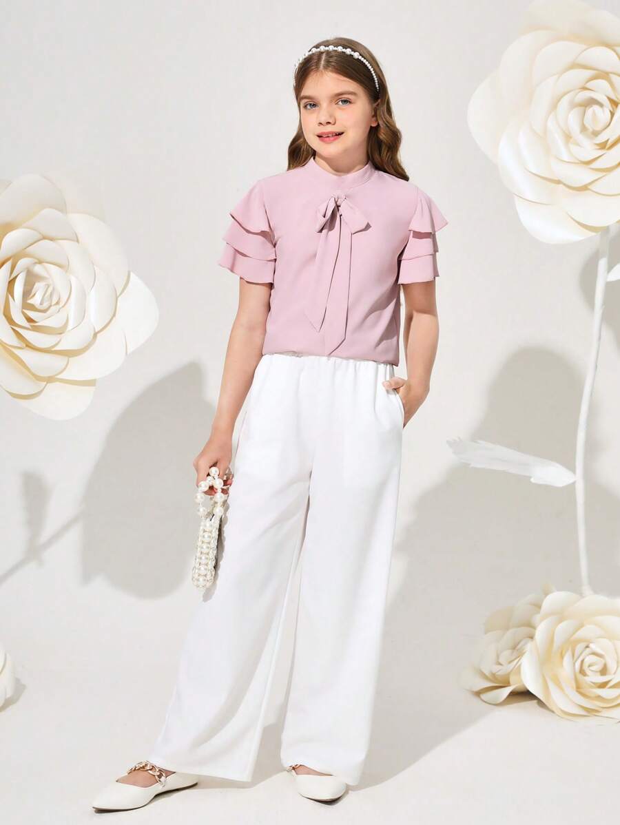 SHEIN Tween Girl School Uniform Style Stand Collar Tied Bow & Ruffle ...