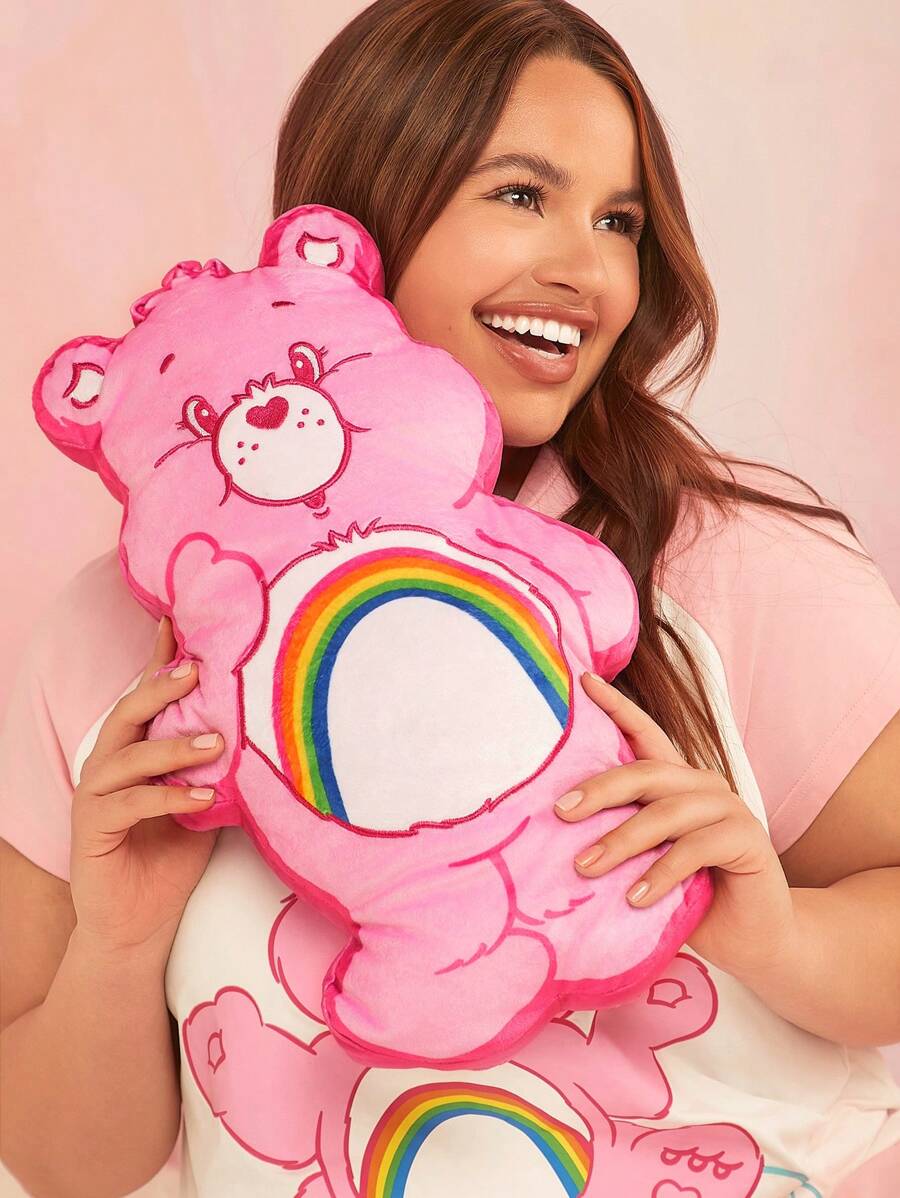 SHEIN X Care Bears Cartoon Bear & Rainbow Embroidered Pink Plush Pillow ...