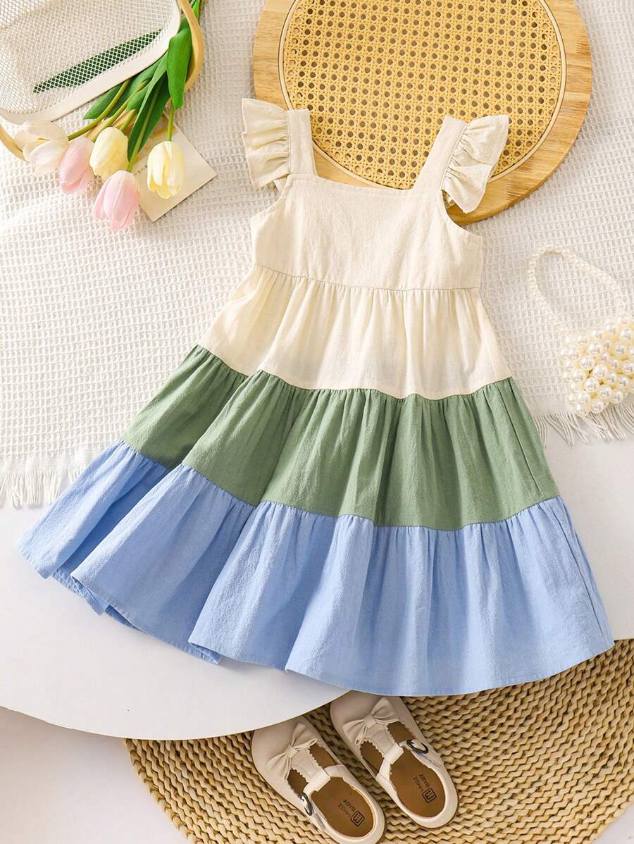 SHEIN Young Girl Summer Colorblock Square Neck Loose Fit Casual Dress ...