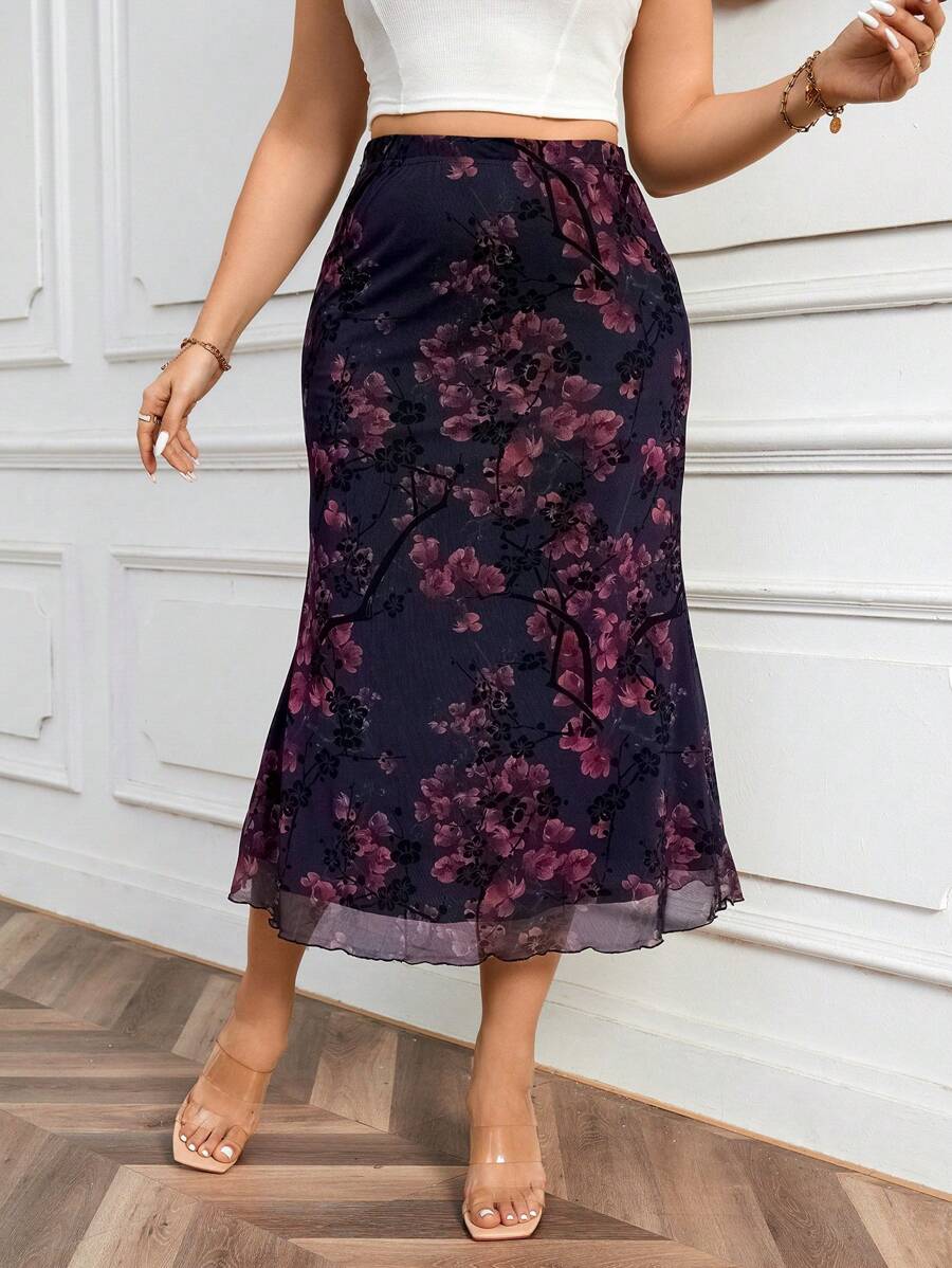 SHEIN Privé Eleganter geblümter figurbetonter Midi-Mermaid-Rock, Große ...