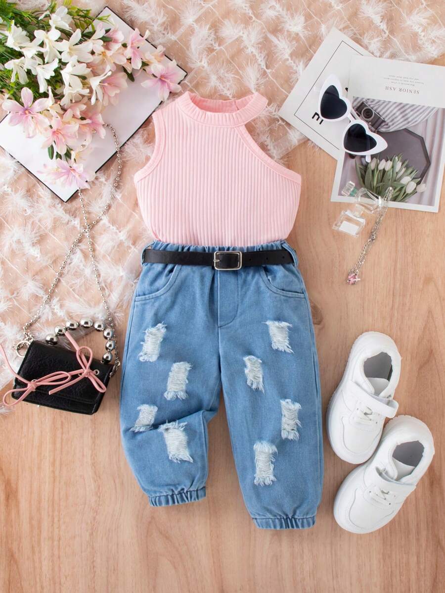 Baby Girl Summer Cool Asymmetrical Shoulder Tank Top & Ripped Jeans ...