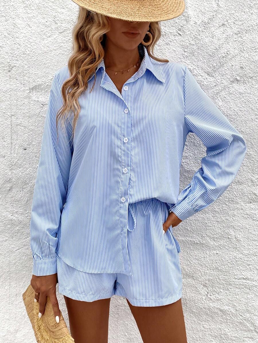 SHEIN Relaxiva Women Casual Striped Shirt And Shorts Two Piece Set For ...