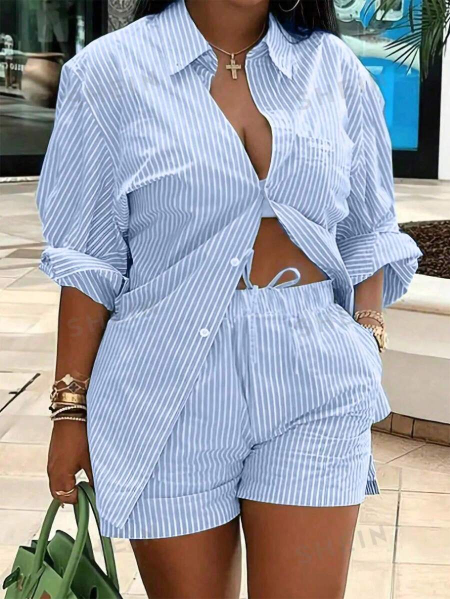 SHEIN Relaxiva Women Casual Striped Shirt And Shorts Two Piece Set For ...