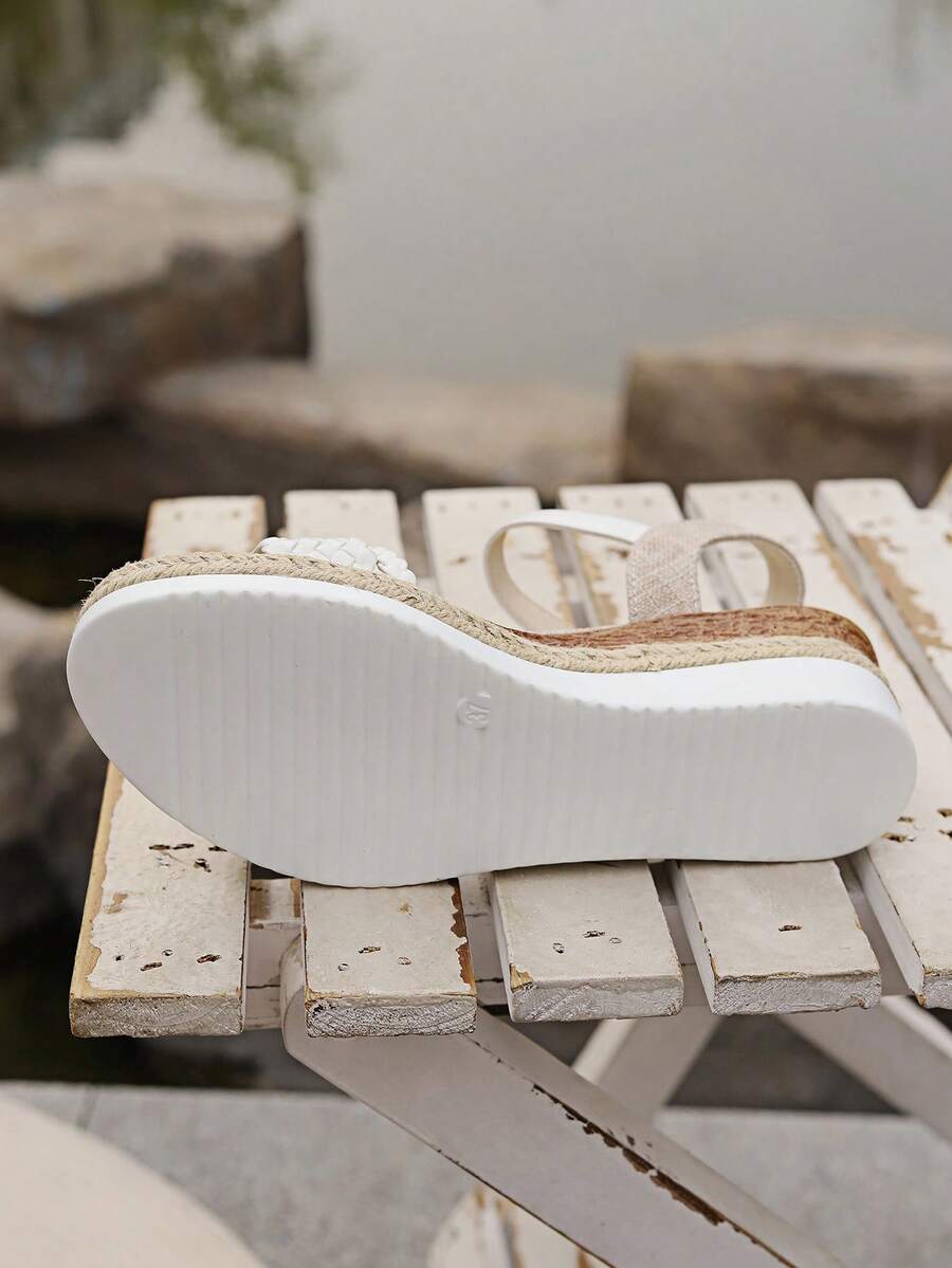 White Woven Strap Wedge Thick Platform Sandals With Jute Bottom And ...