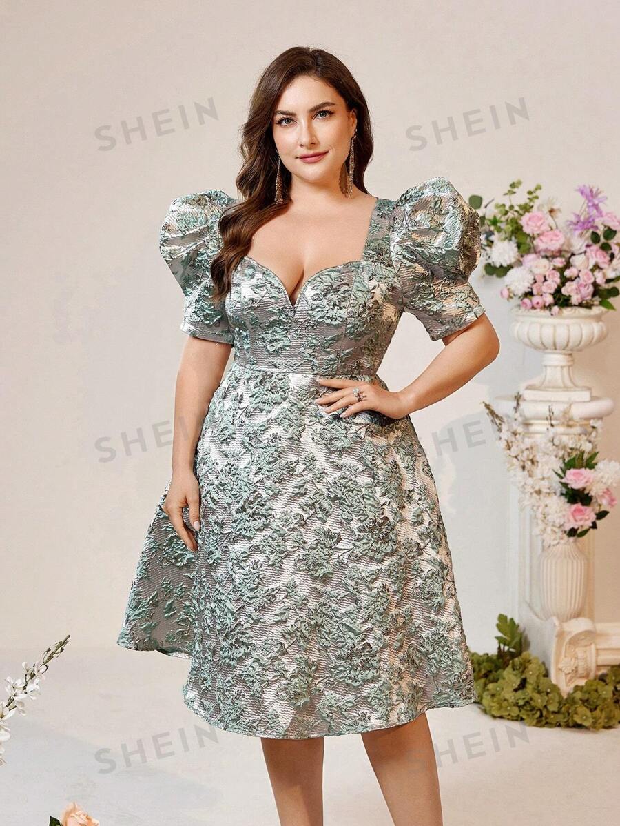 SHEIN Belle Floral Jacquard Weave Princess Sleeve Sweetheart Neckline ...