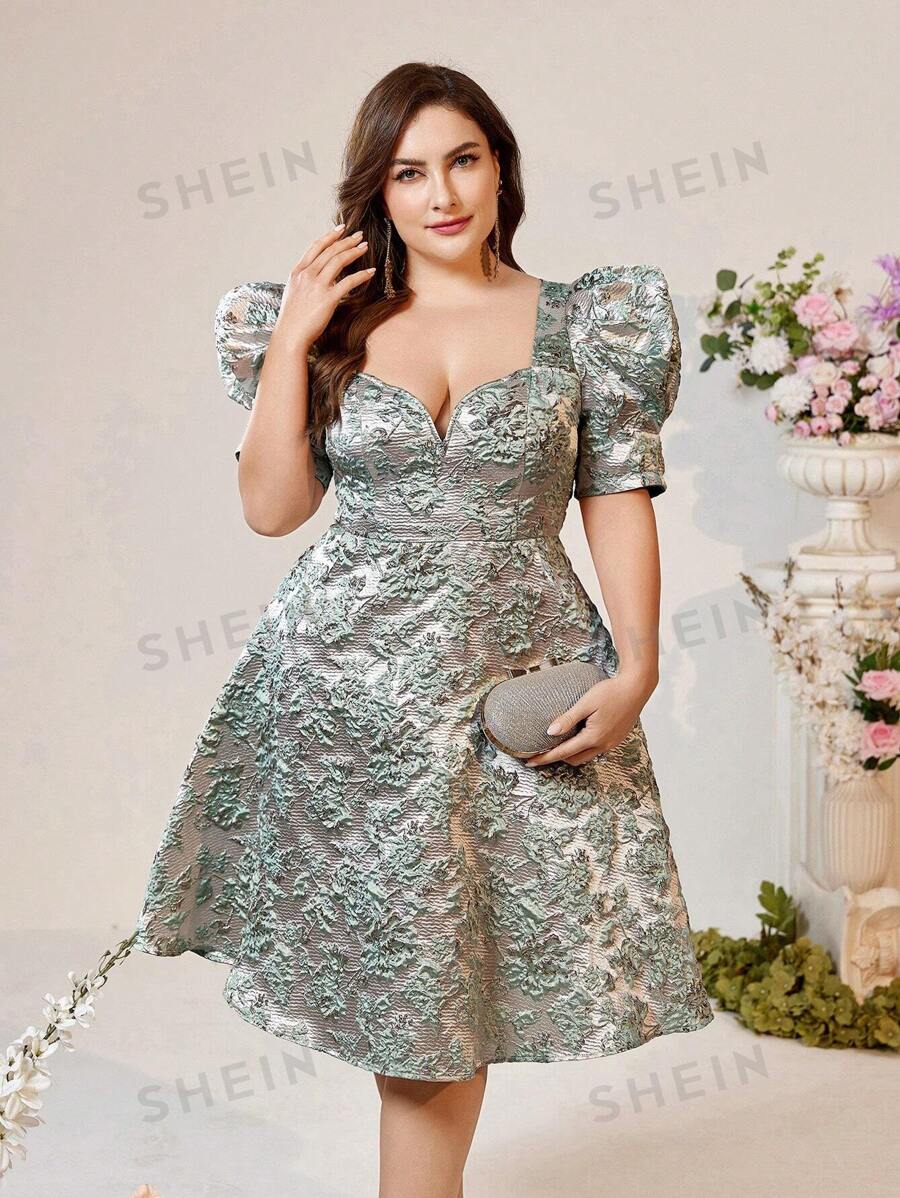 SHEIN Belle Floral Jacquard Weave Princess Sleeve Sweetheart Neckline Elegant Plus Size Cocktail ...