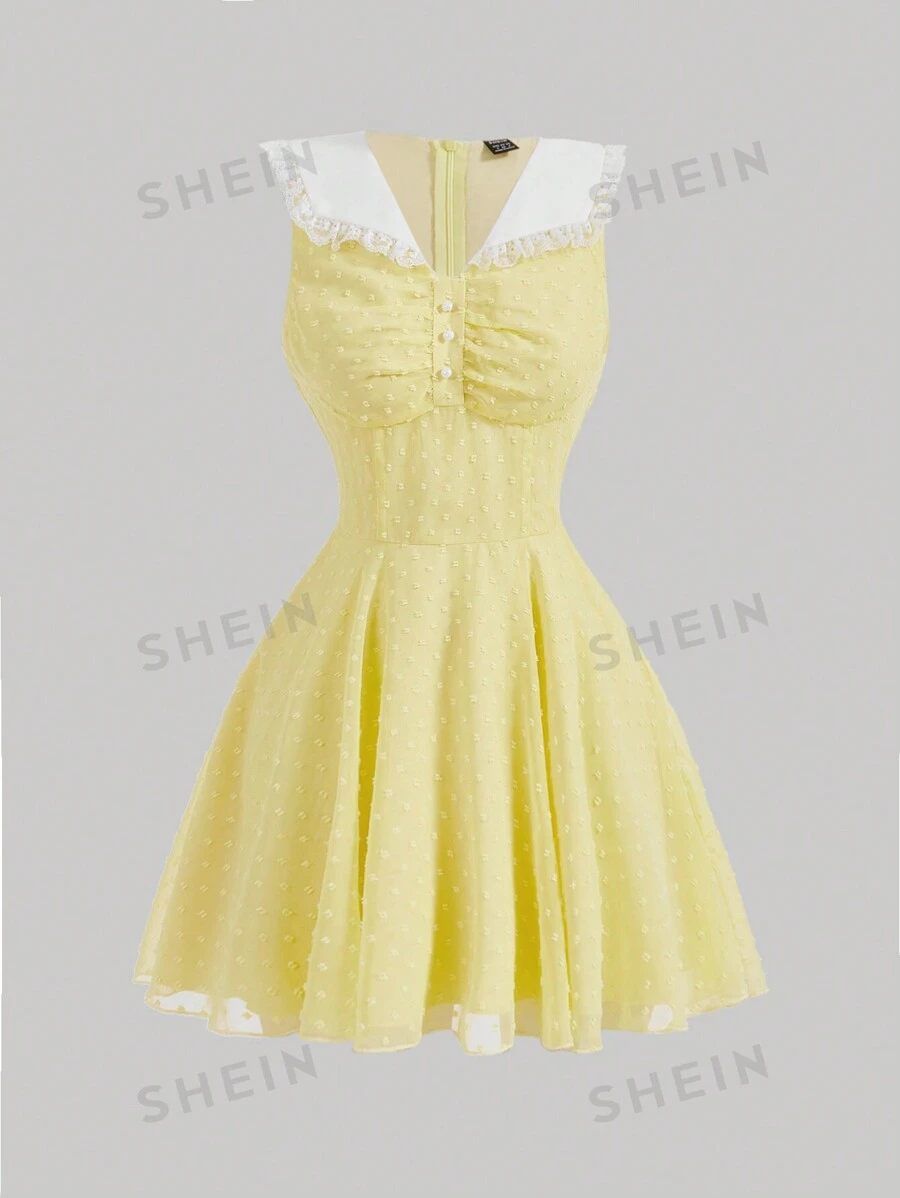 SHEIN MOD Summer Sweet Lace Hem Yellow Waist-Cinching Dress,Babydoll ...