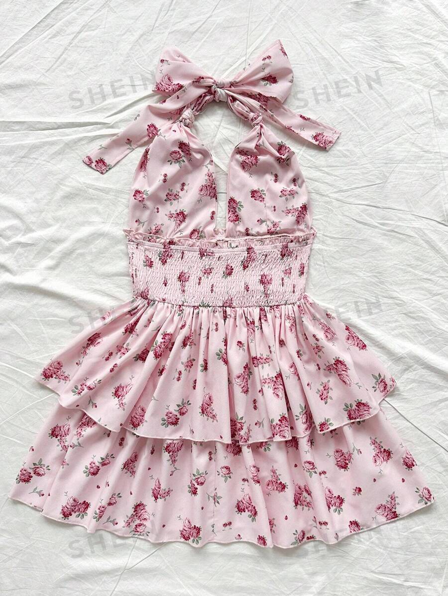 SHEIN WYWH Summer Halter Neck Backless Multi-Layered Dress With ...