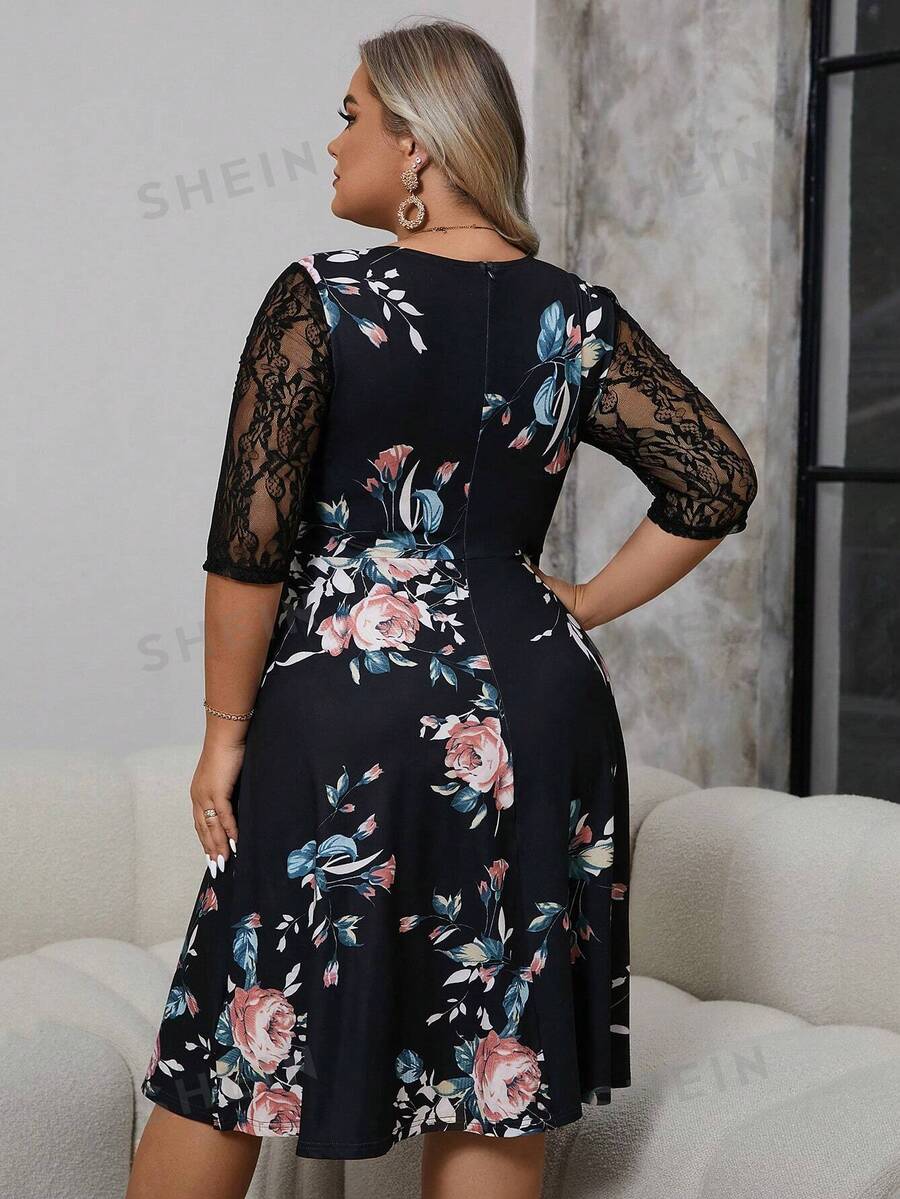 SHEIN Clasi Vestido de manga curta Plus Size com padrão de flores ...