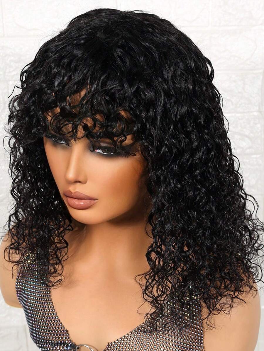 Water Wave Short Human Hair Wigs With Bangs Real Affordable Hair ...