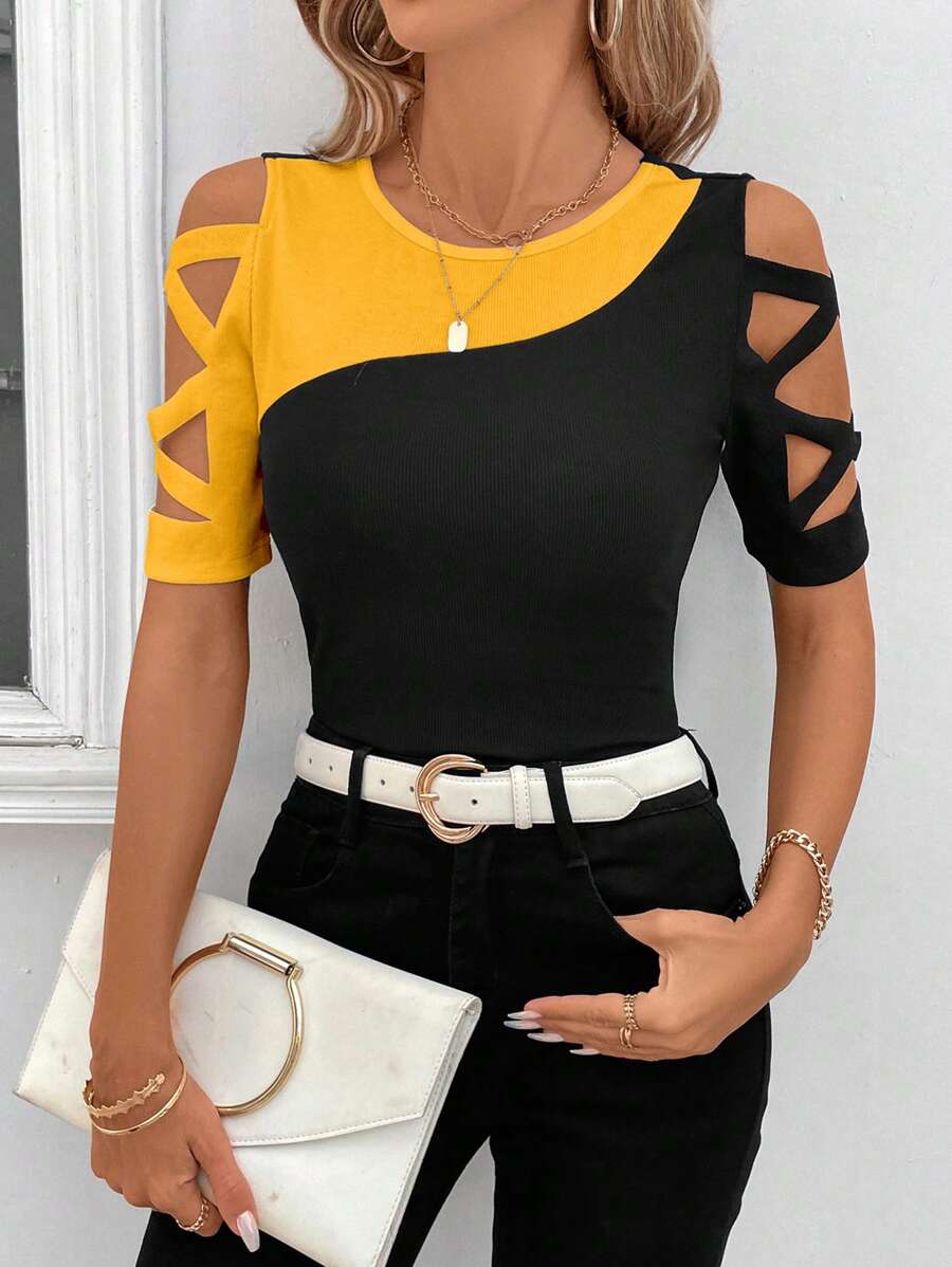 SHEIN Clasi Women Fashion Short-Sleeved T-Shirt With Contrasting Colors ...