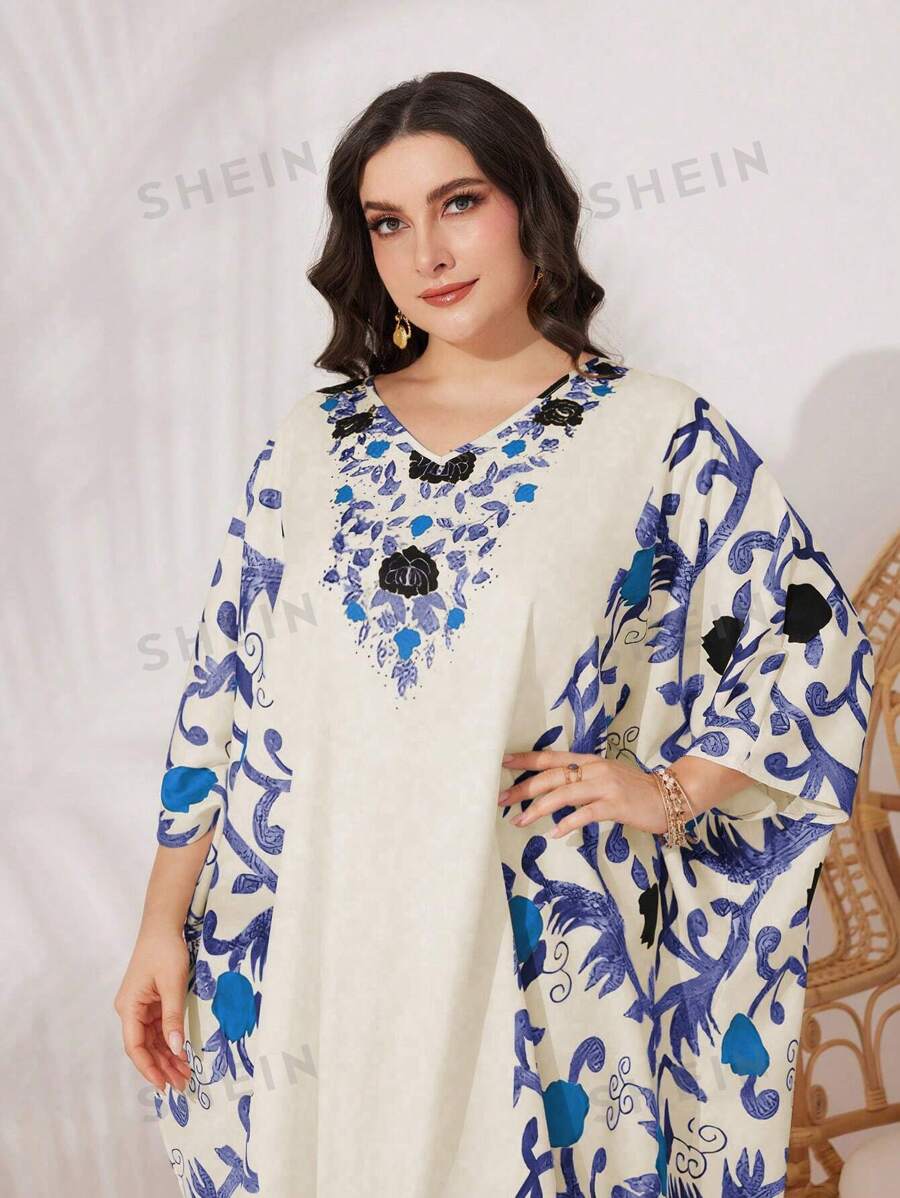 SHEIN Najma Plus Size Arab Style Plant Print V-Neck Batwing Sleeve ...
