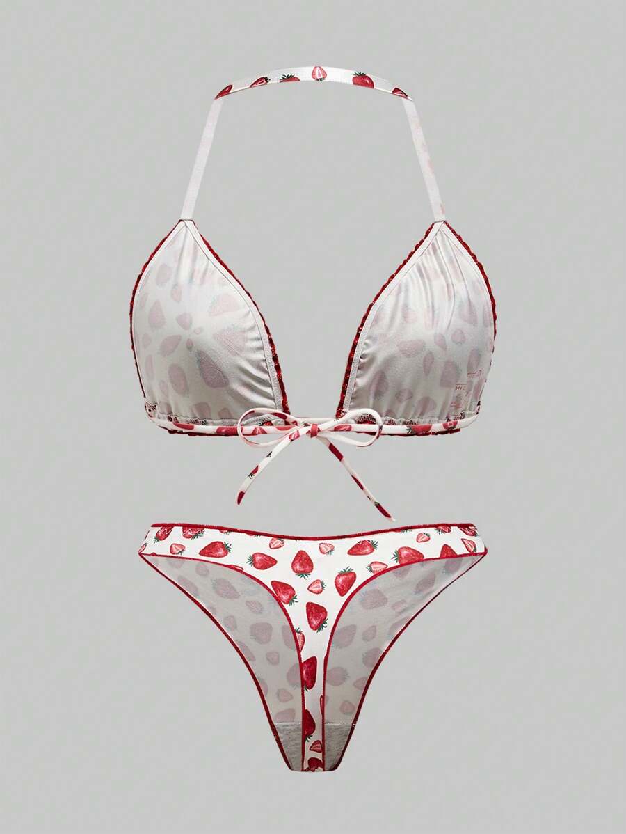 Romwe Kawaii Rural Style Strawberry Print Bra And Panties Set With Lace