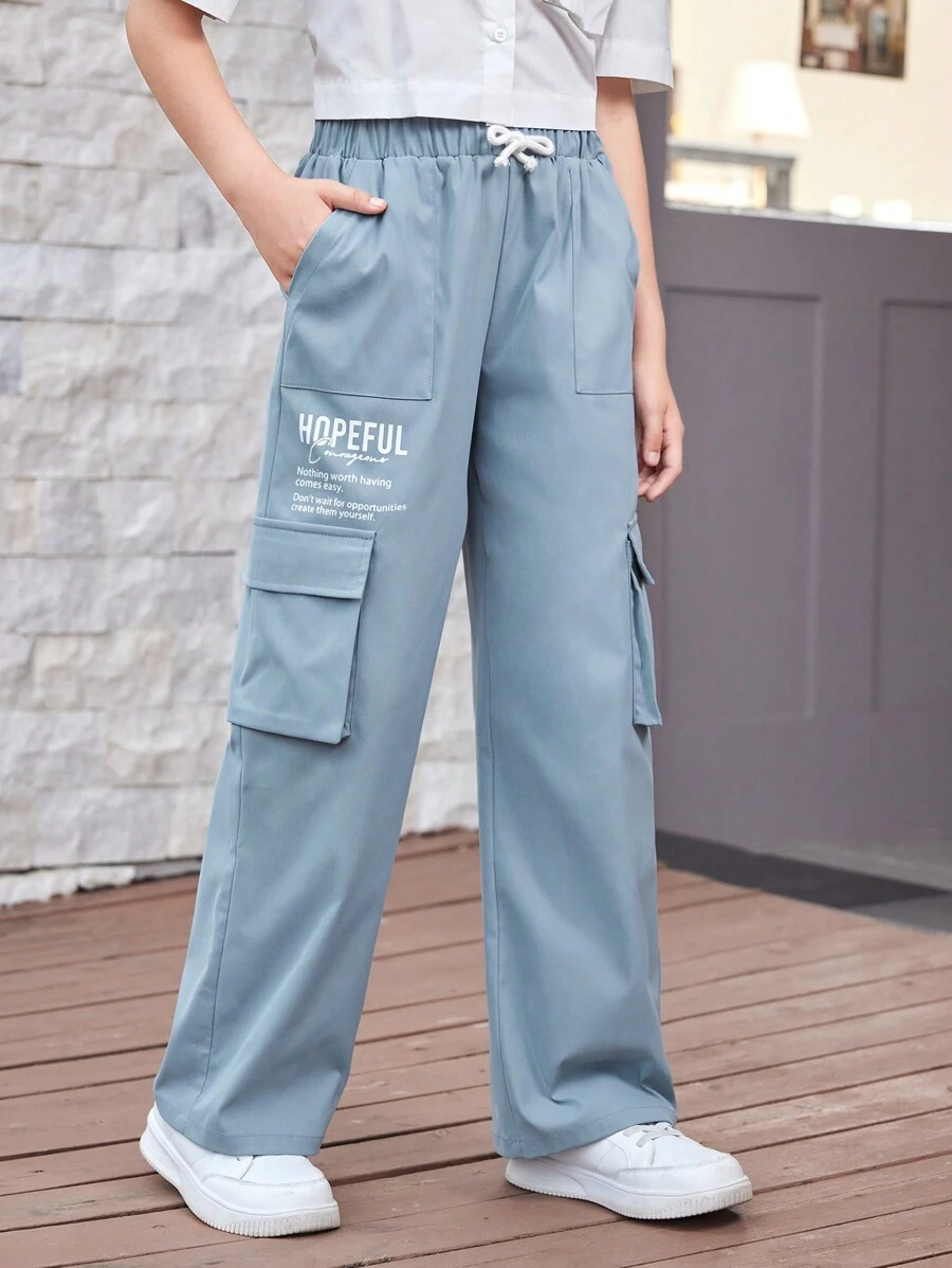 SHEIN Tween Girl Loose Fit Cargo Pants With Letter And Print Design For ...