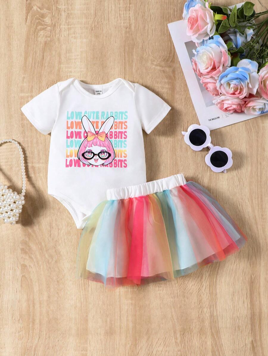 SHEIN Baby Girl Short Sleeve Bodysuit And Skirt Set With Simple ...